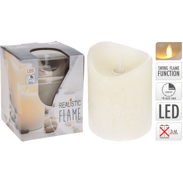 GYERTYA LEDES 75X100MM,TÖRTFEHÉR WAX, ELEMES, IDŐZÍTŐS