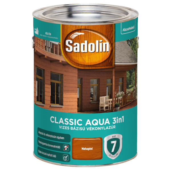 SADOLIN CLASSIC AQUA SELYEMFÉNYŰ VÉKONYLAZÚR 5L, MAHAGÓNI