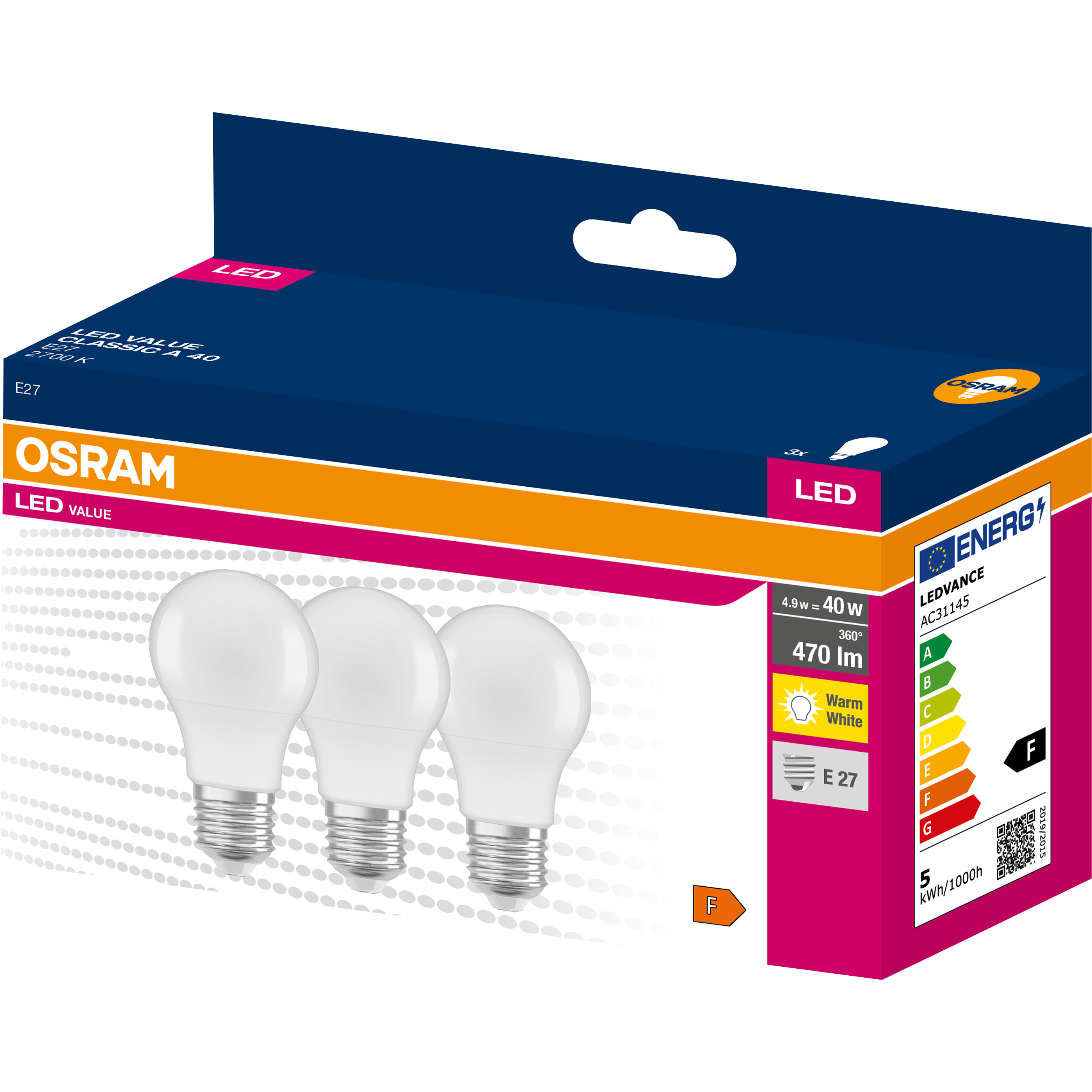 Osram led value fényforrás e27 4,9w 470lm 2700k a40 gömb