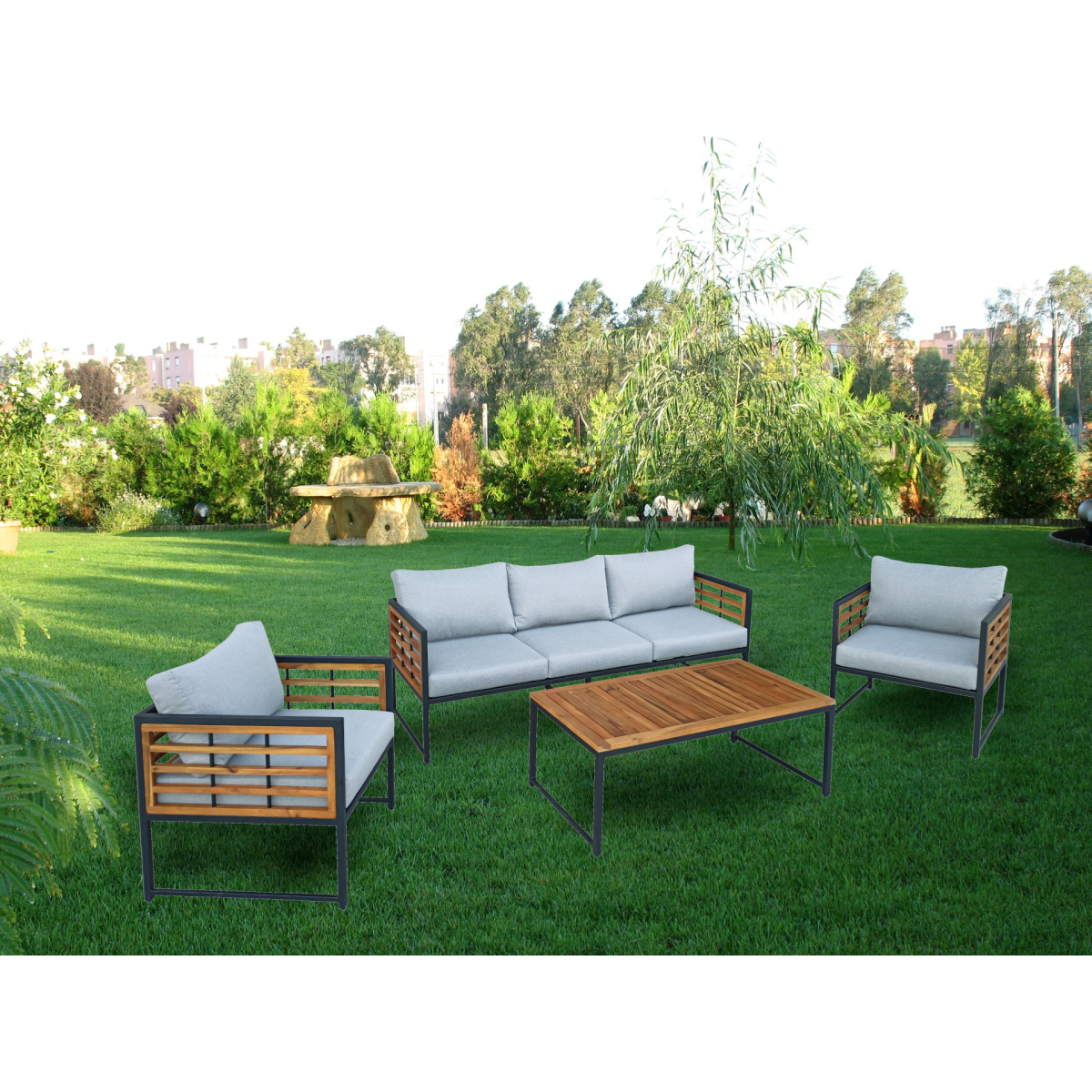 4 részes acél vázú, párnás kerti bútorszett - Fém kerti